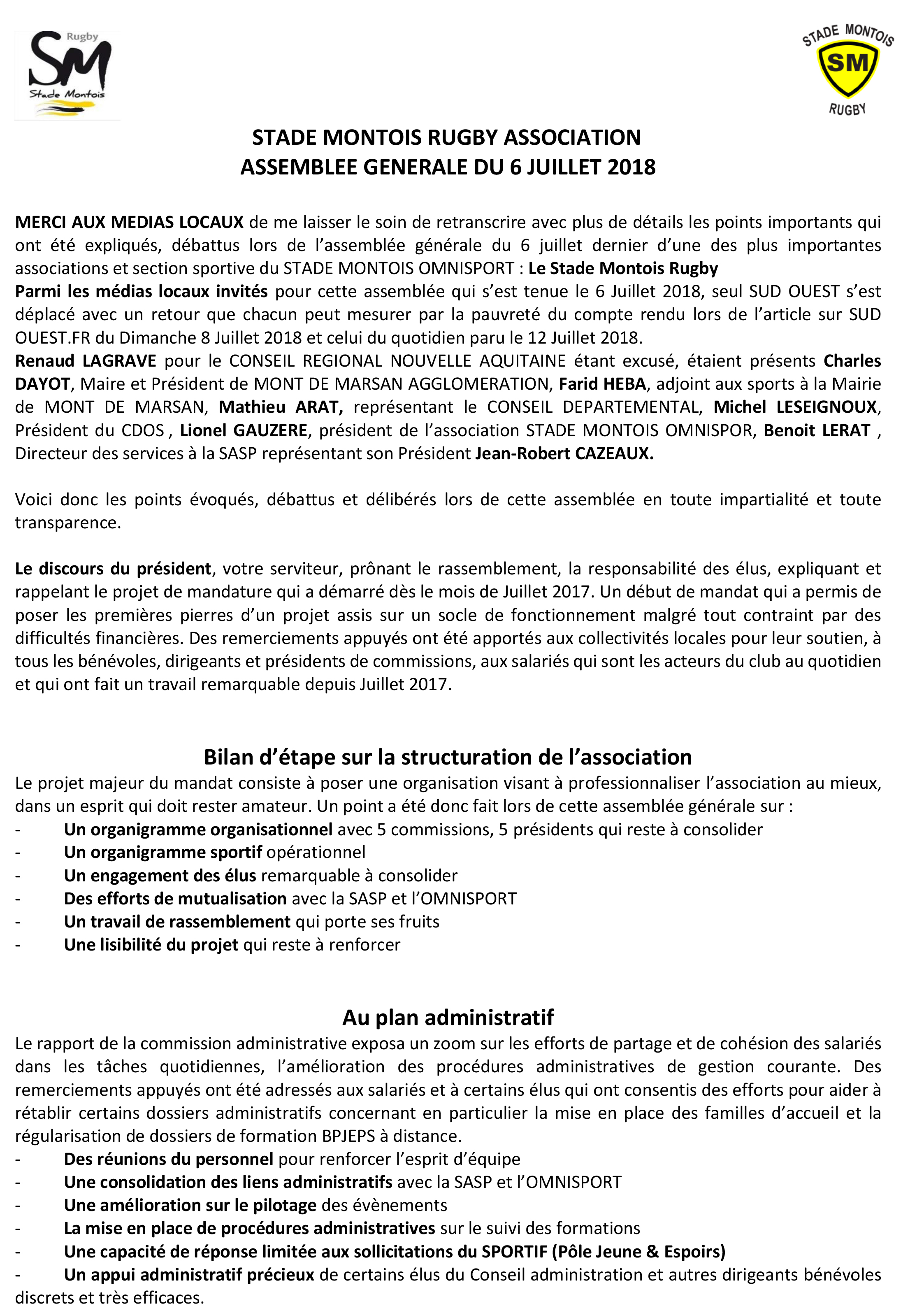 Compte Rendu Assemblée Générale SMR Asso - Stade Montois Rugby - Landes